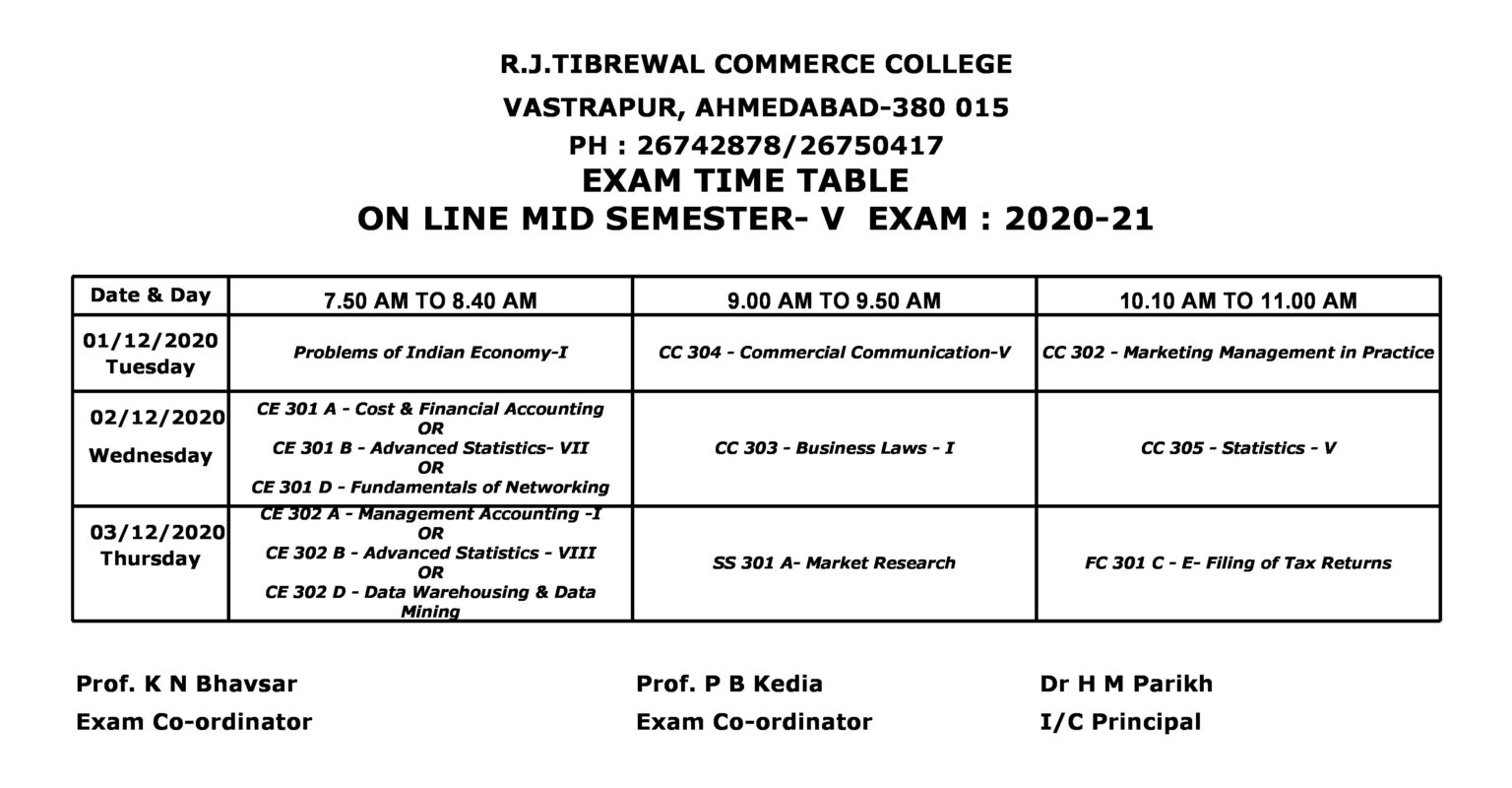 EXAM TIME TABLE : ON LINE MID SEMESTER- V : 2020-21 – R J Tibrewal ...