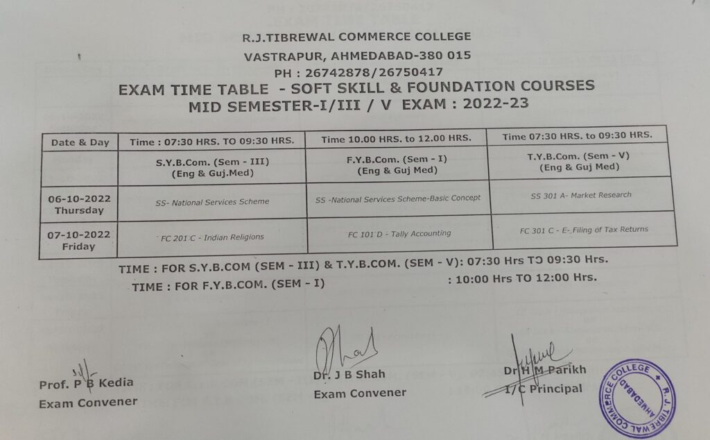 EXAM TIME-TABLE: MID SEMESTER- I/III/V: OCTOBER 2022-23 – R J Tibrewal ...