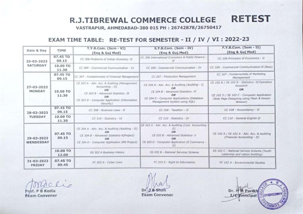 RETEST EXAM TIME-TABLE: MID SEMESTER- II, IV, VI: MARCH 2022-23 – R J ...