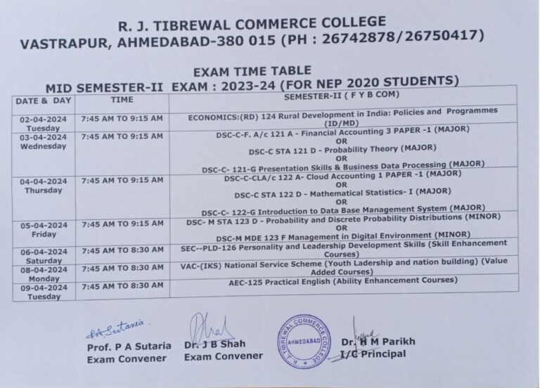 REGULAR AND RETEST MID SEMESTER- II EXAM TIME-TABLE: MARCH 2023-24 – R ...