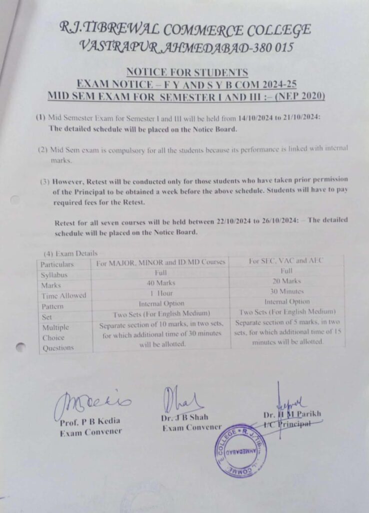 MID SEM EXAM NOTICE FOR STUDENTS 2024-25 :SEM I III (NEP 2020) – R J ...
