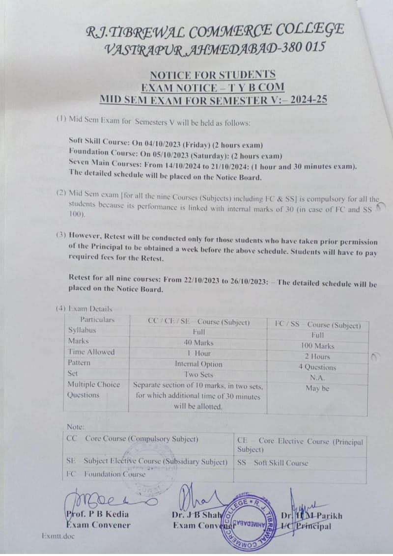 MID SEM EXAM NOTICE FOR STUDENTS 2024-25 : SEM V – R J Tibrewal ...