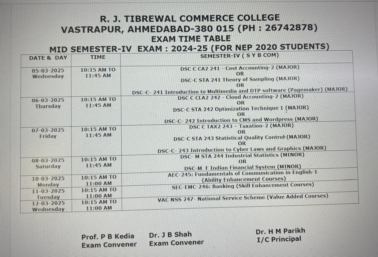 REGULAR EXAM TIME-TABLE FOR MID SEM- II, IV, VI: 2024-25 – R J Tibrewal ...