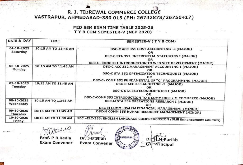 REGULAR EXAM TIME-TABLE FOR MID SEM- I, III, V: 2025-26 – R J Tibrewal ...